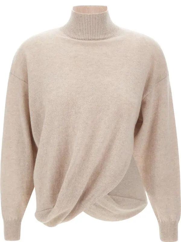 Marella Stand Collar Pullover Sweater With Ruched Hem - Beige