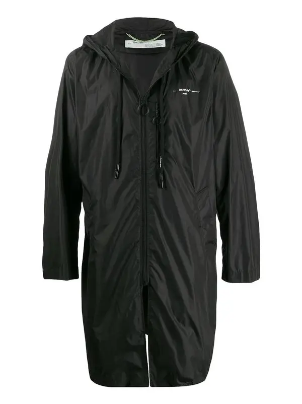 Off-White Mid-length Zipped Raincoat With Hood And Logo Detail - Black