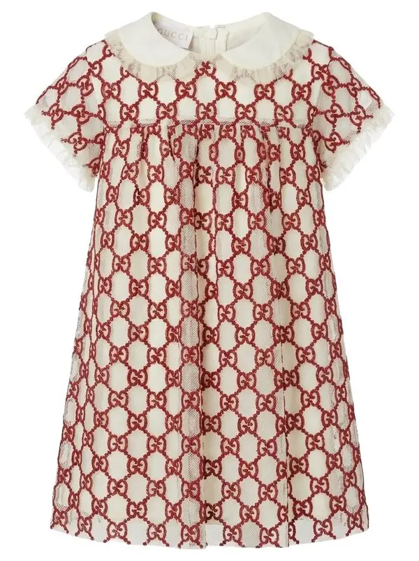 Gucci Baby Gg Nylon Dress With Peter Pan Collar - Red And Off White