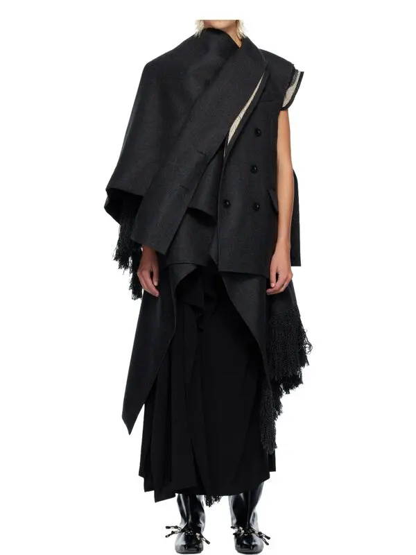 Sacai Double-faced Melton Vest With Fringe Details - Black