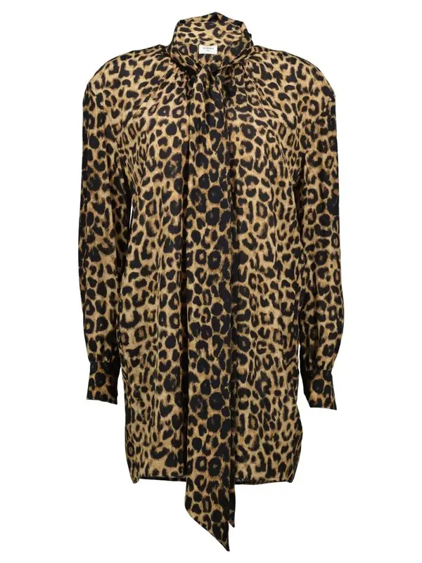 Saint Laurent Leopard Print Bow Tie Collar Long Sleeve Dress - Green
