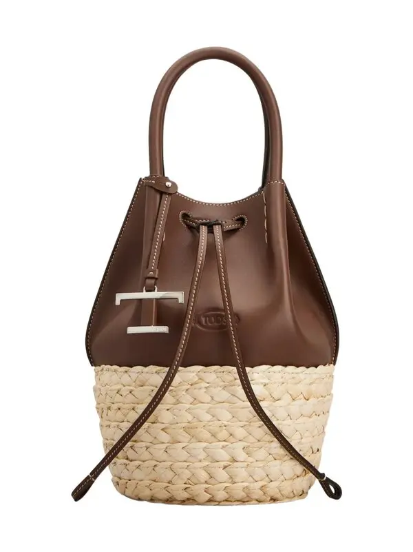 TOD'S Logo Embossed Panelled Bucket Bag - Brown, Natural Color