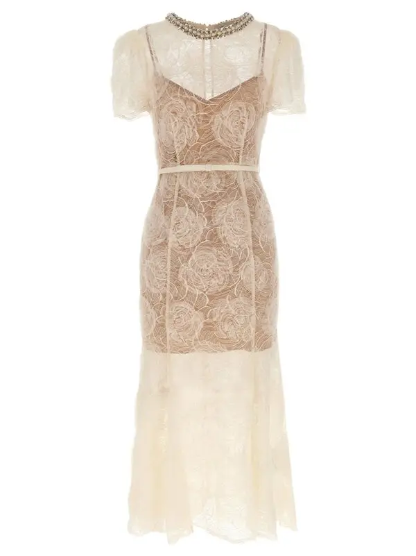 SELF-PORTRAIT Floral Lace Midi Dress - Cream