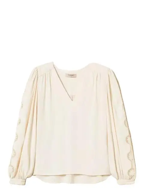 TWINSET Embroidered Crepe Blouse With V-neck And Geometric Details - White
