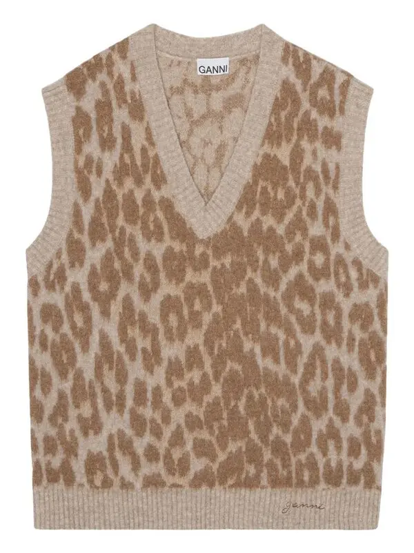 GANNI Leopard Jacquard Knitted Vest - Brown