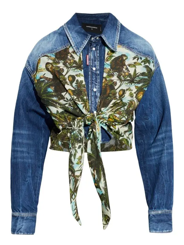 Dsquared2 Monkey Business Cropped Denim Shirt With Tropical Motifs - Blue