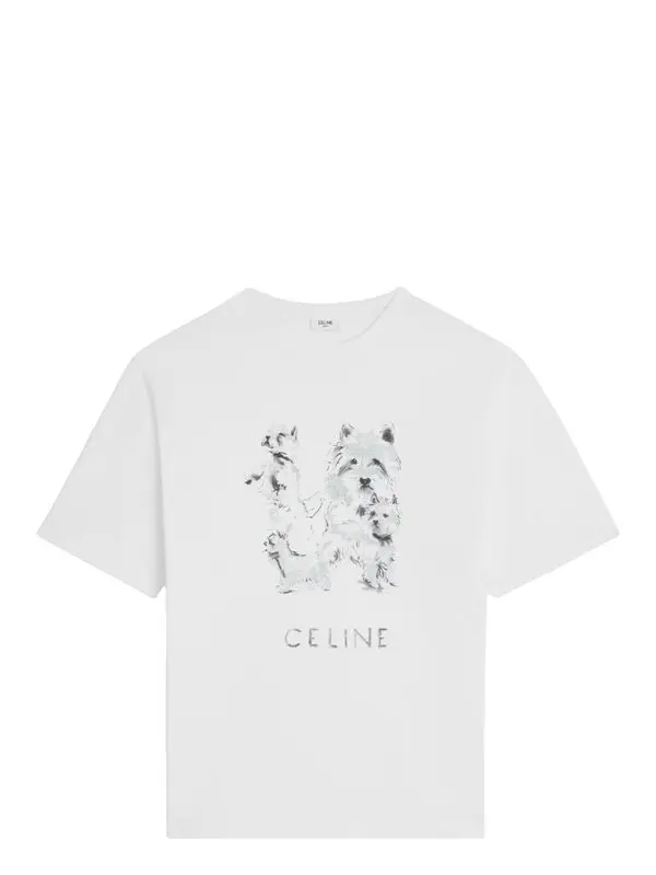 Celine Oversized Cotton Jersey T-shirt With Graphic Print - Off-white/grey