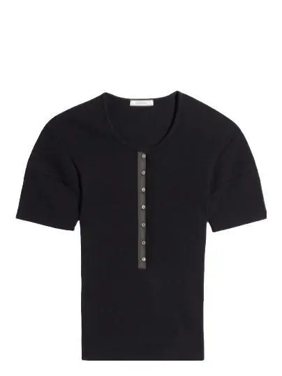 LEMAIRE Ribbed Knit Henley Top - Black