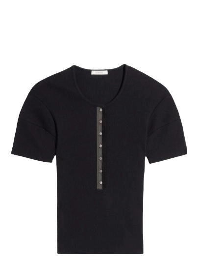 LEMAIRE Ribbed Knit Henley Top - Black