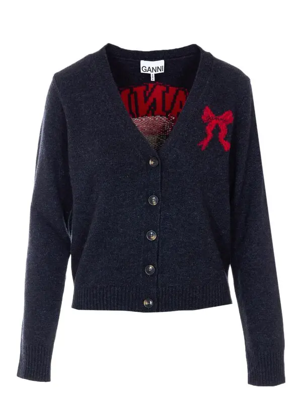 GANNI V-neck Knitted Cardigan With Bow Detail - Phantom Black