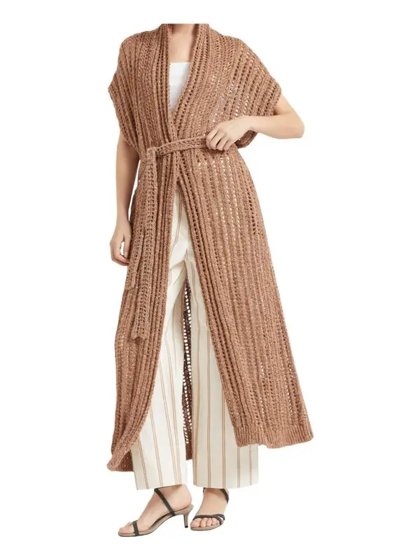 Brunello Cucinelli Long Openwork Rib Cardigan With Ring Belt - Rust Brown