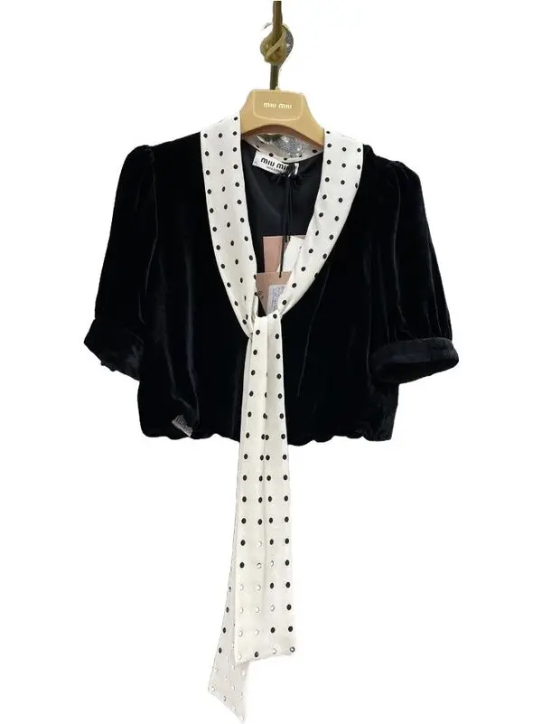 Miu Miu Velvet Cropped Blouse With Polka Dot Scarf Collar - Black