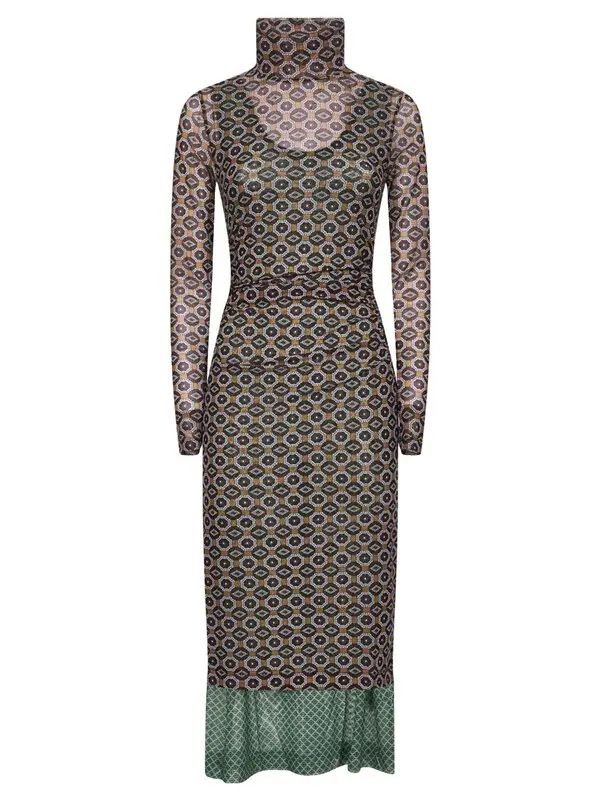 Dries Van Noten Printed Mesh Layered Midi Dress - Brown