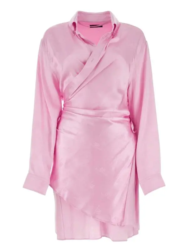 Balenciaga Logo Jacquard Collared Wrap Shirt Dress - Pink