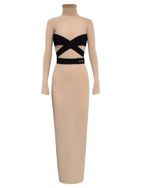 Alaïa Long-sleeved Midi Dress With Embroidered Logo Detail - Nude