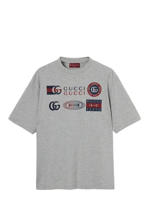 Gucci Printed Cotton Jersey T-shirt With Embroidered Logos - Light Grey