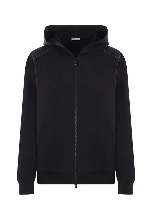 Brunello Cucinelli Stretch Lightweight Hooded Sweatshirt With Monili Embroidery - Black