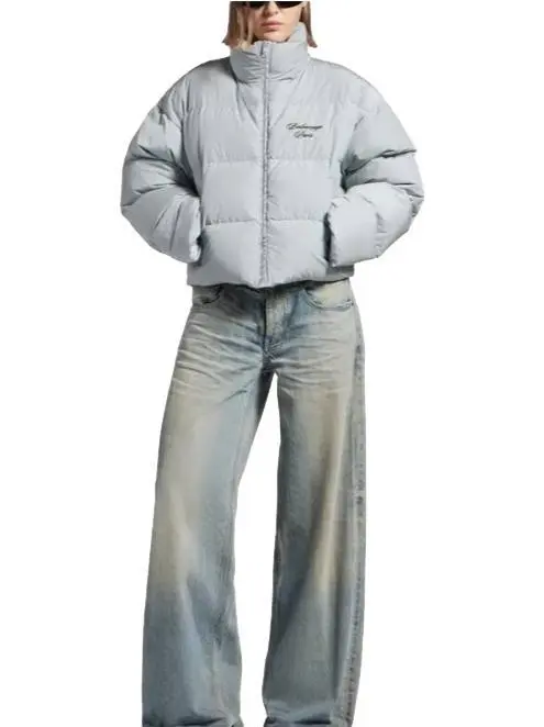 Balenciaga Logo Embroidered Zip-up Puffer Jacket - Gray
