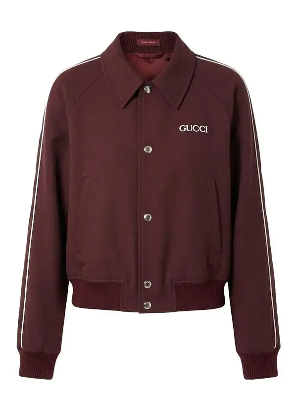 Gucci Wool Bomber Jacket With Embroidered Logo Patch - Wine Red