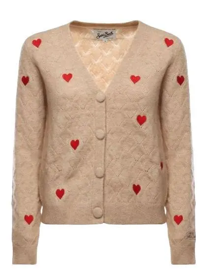 MC2 SAINT BARTH Knitted Cardigan With Heart Embroidery - Nude