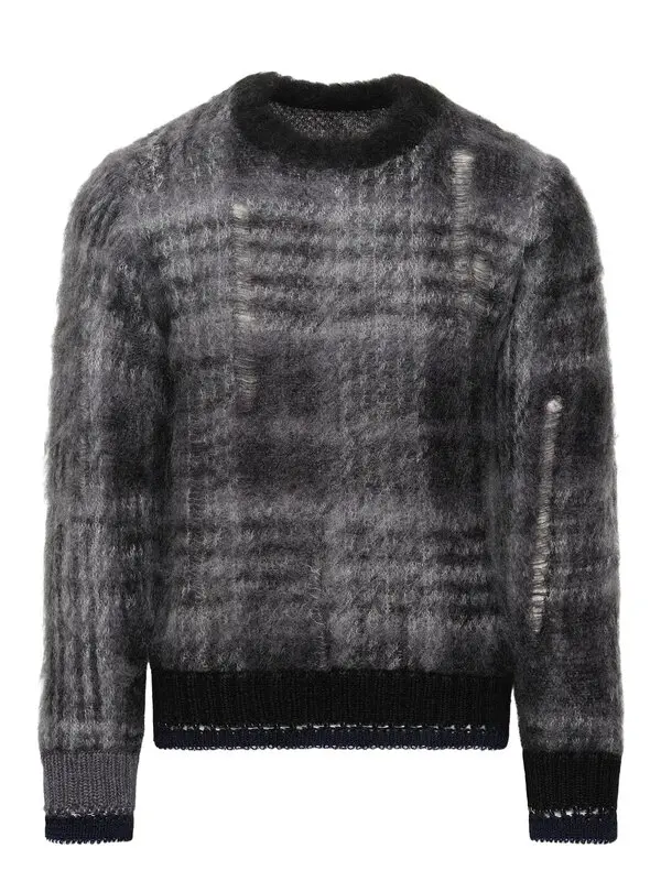 Sacai Plaid Mohair-blend Distressed Sweater - Black