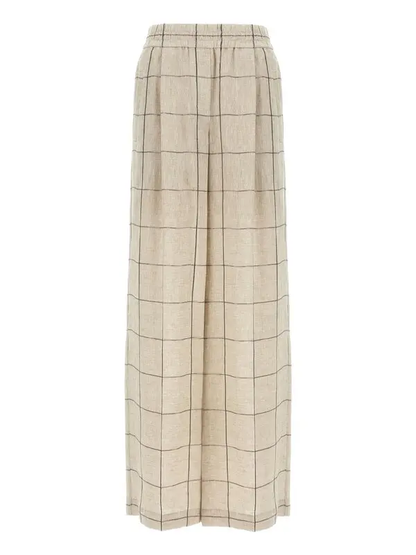 Brunello Cucinelli Wide Leg Plaid Linen Pants - Nude
