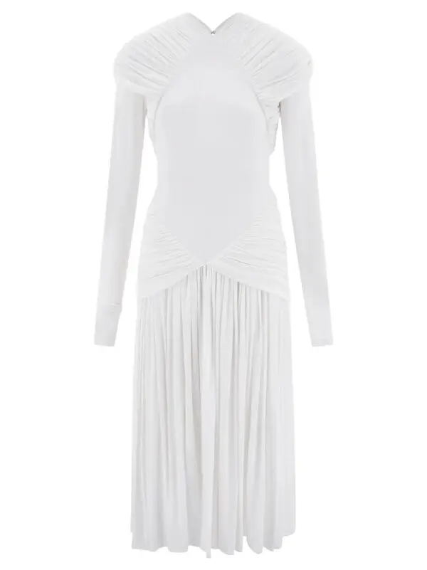 FERRAGAMO Ruched Jersey Dress With Diamond Pattern Sleeves - White