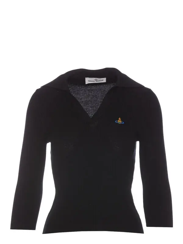VIVIENNE WESTWOOD Orb Embroidered Knit Polo Top - Black