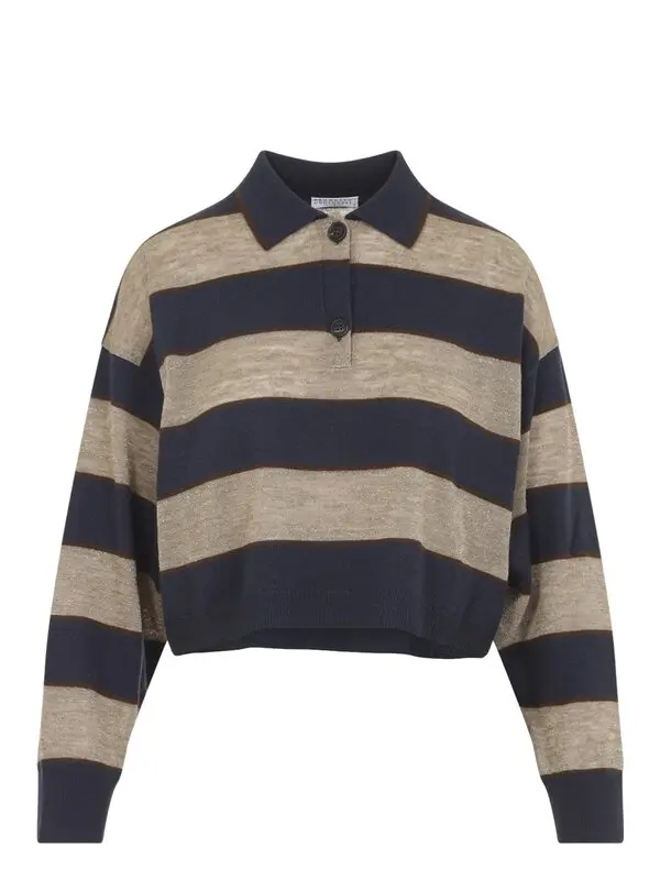 Brunello Cucinelli Striped Cropped Knit Polo Shirt - Black