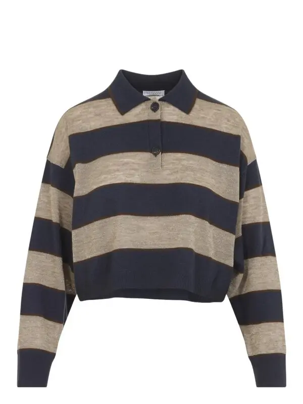 Brunello Cucinelli Striped Cropped Knit Polo Shirt - Black