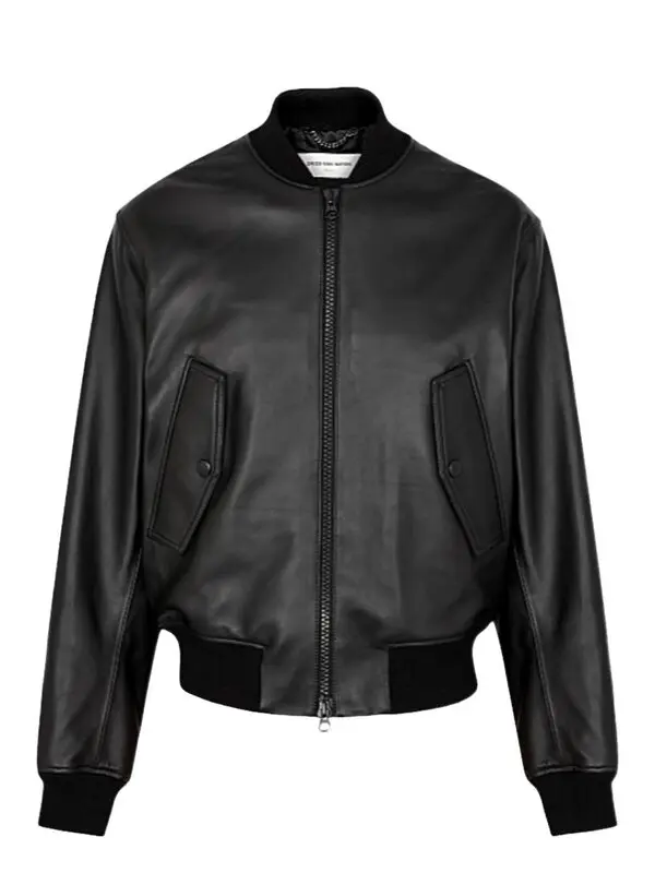 Dries Van Noten Logo Leather Bomber Jacket - Black