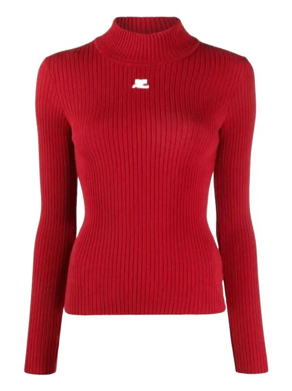 COURREGES Courrèges High Neck Ribbed Knit Jumper With Logo Detail - Red