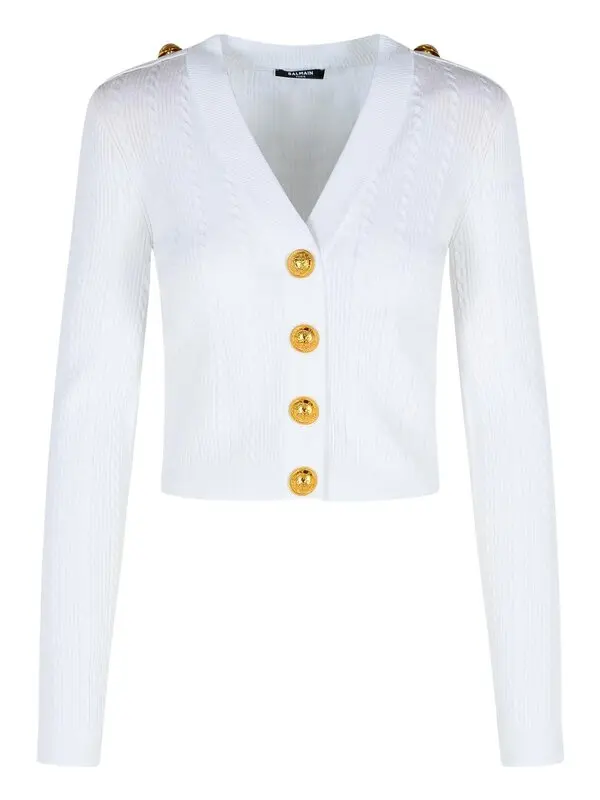 Balmain Long-sleeved Cable-knit Cardigan With Gold-tone Buttons - White
