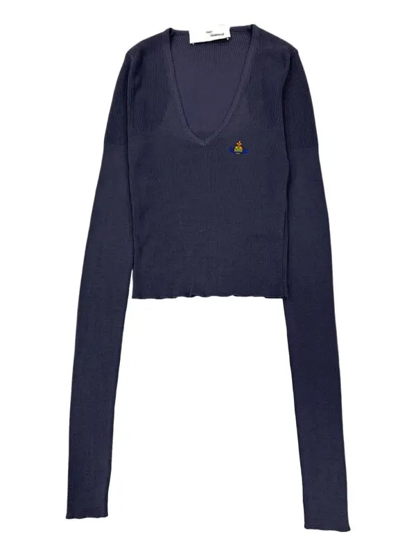 VIVIENNE WESTWOOD Long-sleeved V-neck Sweater With Saturn Logo - Black