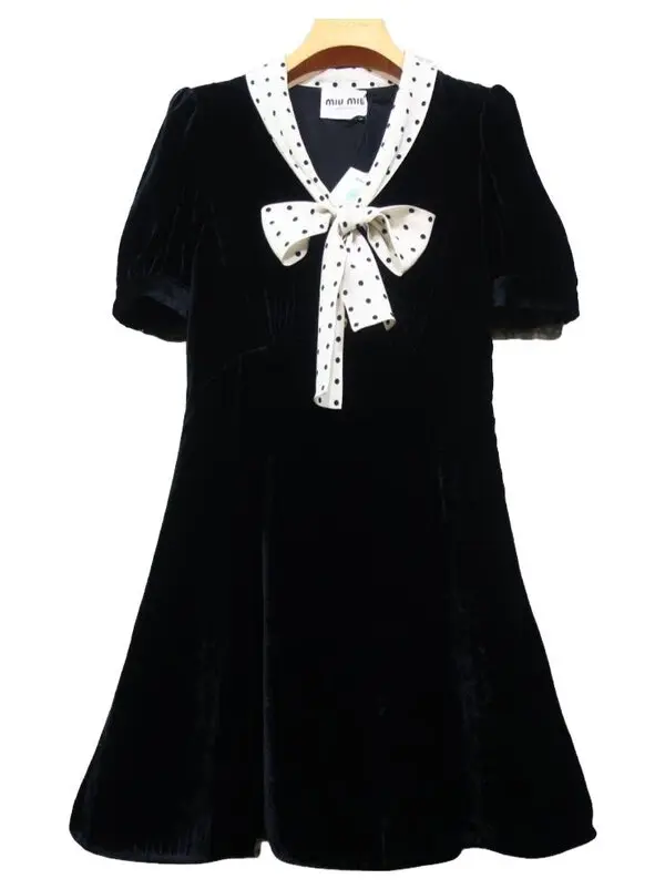 Miu Miu Velvet Dress With Polka Dot Bow Detail - Black
