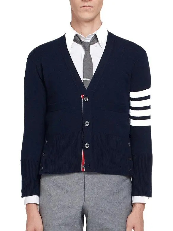 Thom Browne 4-bar Button-up Knit Cardigan - Navy Blue