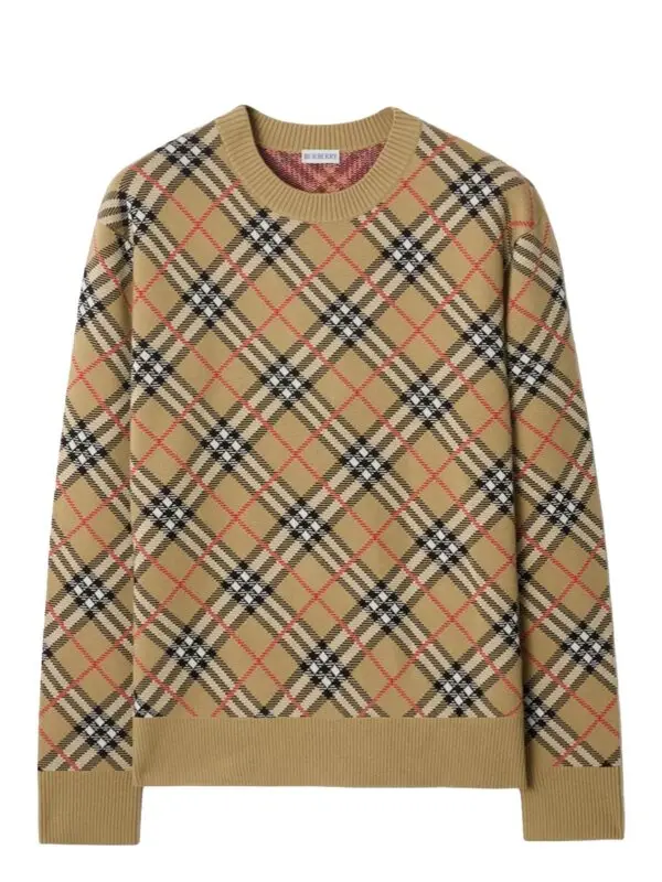 Burberry Checked Crewneck Knitted Jumper - Sand Beige