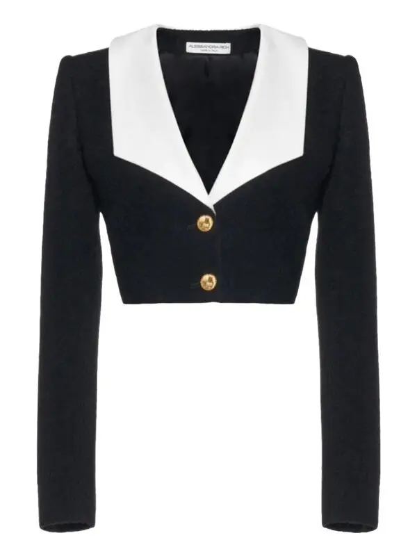 Alessandra Rich Cropped Jacket With Ruffle Collar - Black