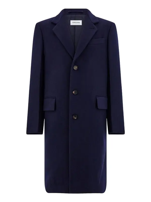 FERRAGAMO Single Breasted Wool Coat - Navy Blue