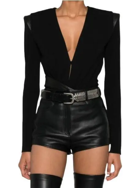 Versace Deep V-neck Long Sleeve Crepe Bodysuit - Black