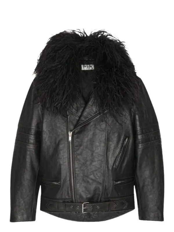 Saint Laurent Leather Jacket With Feather Trim - Black