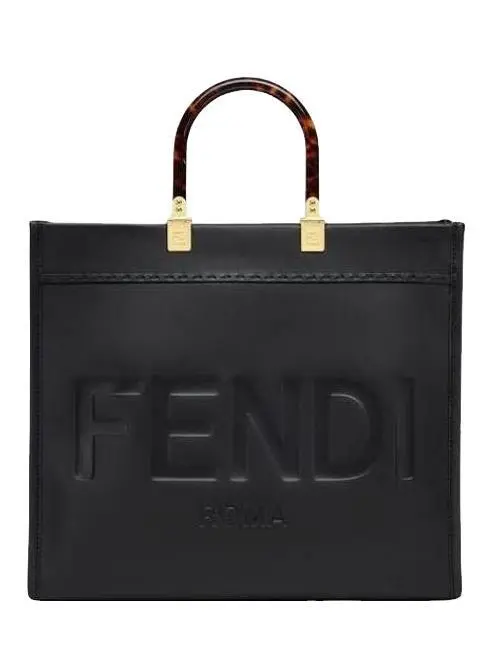 Fendi Sunshine Medium Tote Bag With Tortoiseshell Handle - Black