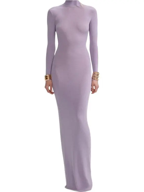 SELF-PORTRAIT Lilac Viscose Knit Maxi Dress With Open Back - Lavender
