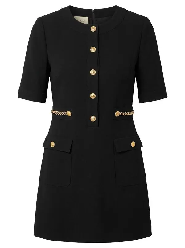 Gucci Short Sleeve Dress With Gold Buttons And Pockets - Black