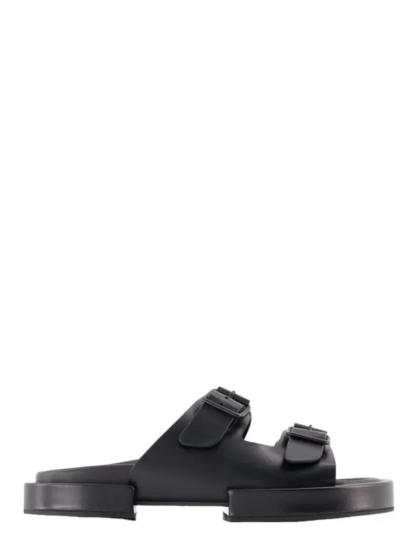 ANN DEMEULEMEESTER Leather Buckled Round Toe Slides - Black