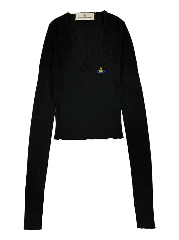 VIVIENNE WESTWOOD V-neck Long-sleeve Sweater With Saturn Logo - Black