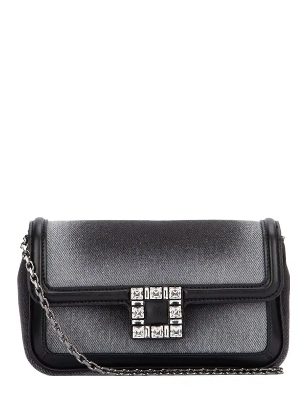 ROGER VIVIER Embellished Foldover Top Denim Shoulder Bag - Black