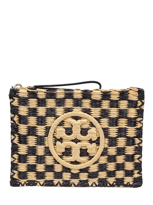 Tory Burch Logo Embroidered Checked Clutch Bag - Natural Colors And Black