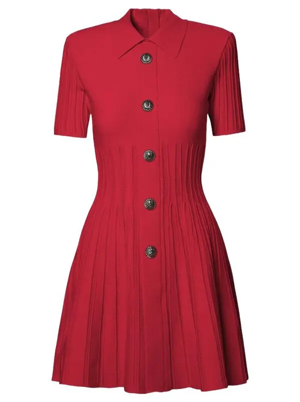 Balmain Ribbed-knit Flared Mini Dress - Red