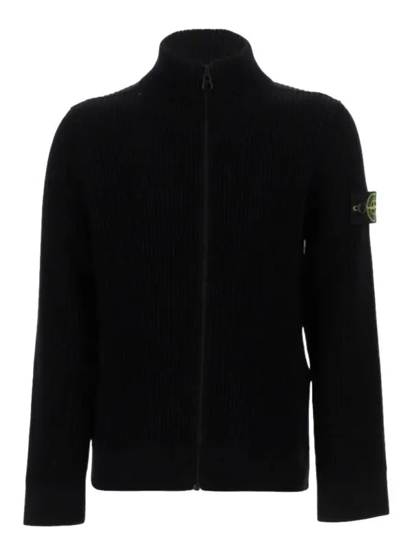 Stone Island Rib Knitted Zipper Cardigan - Black